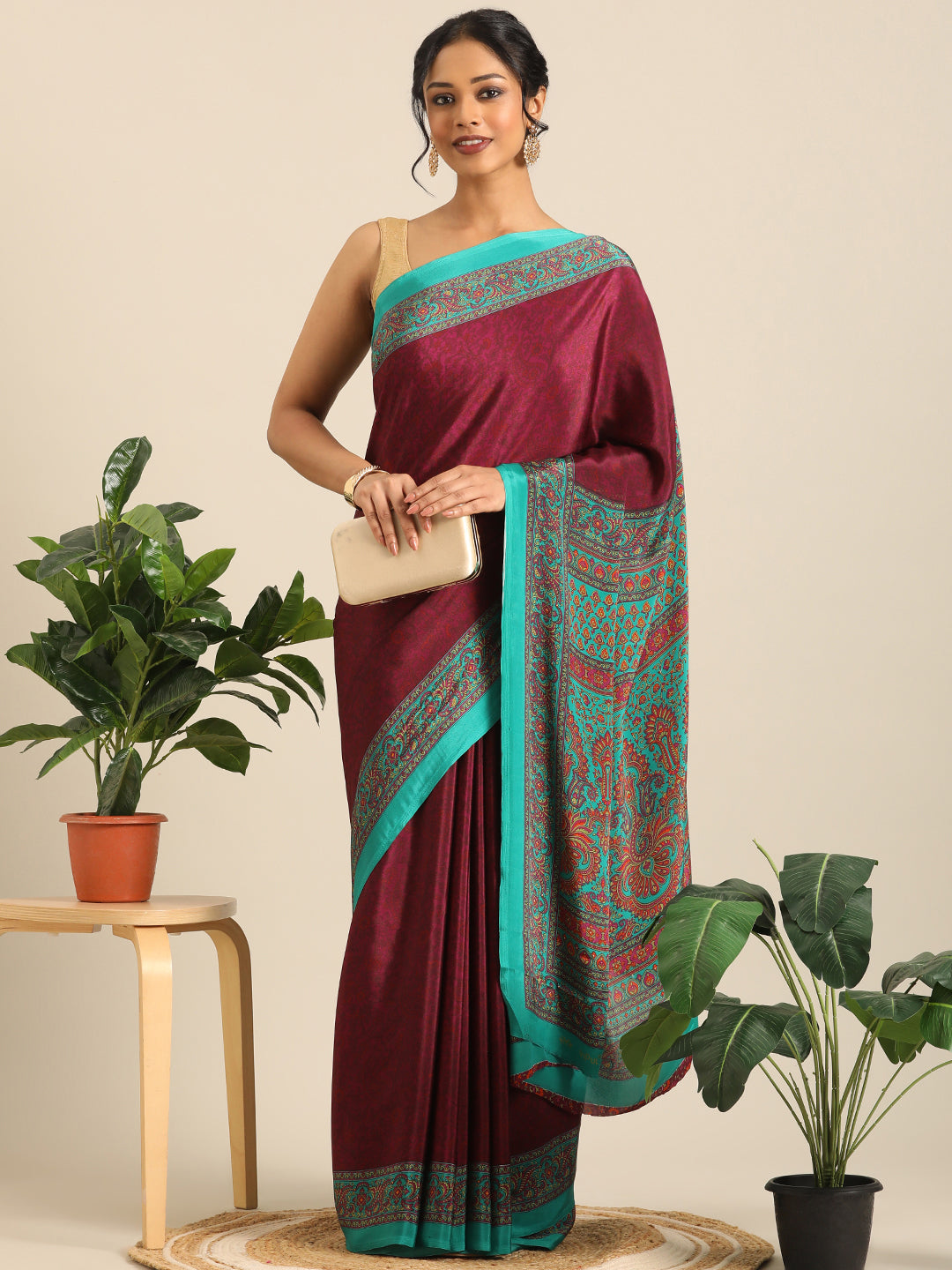 Chitrika–Burgundy Printed Crepe Saree – Vipul Fashions