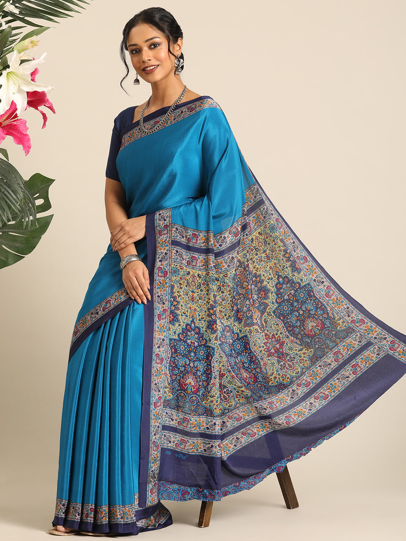 Chitrika–Blue Printed Crepe Saree – Vipul Fashions