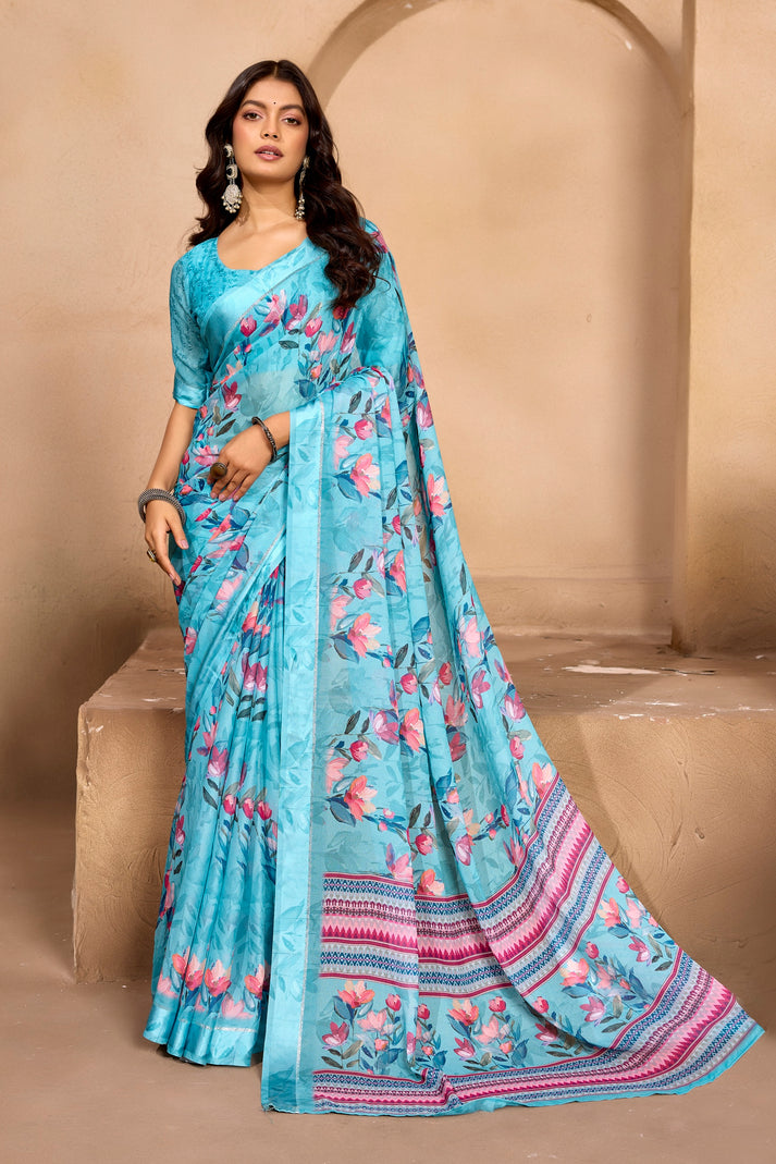 Samriddhi - Sky Blue Georgette Digital Print Saree with Satin Border ...